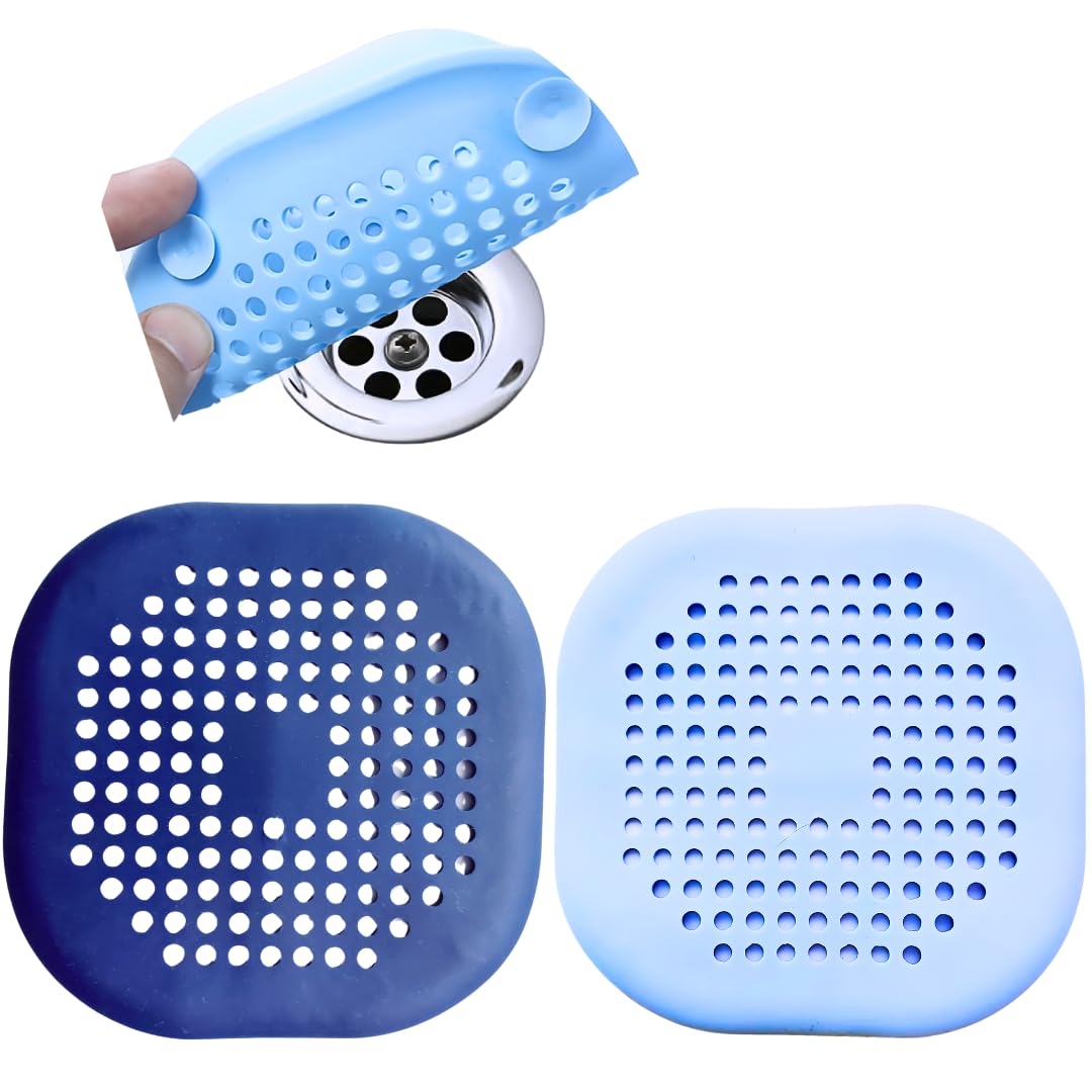 Elegaro Silicone Drain Hair Catcher with Suction Cup Hair Stopper for Shower Bathtub Kitchen Sink Pack of 2 Blue, Sky Blue