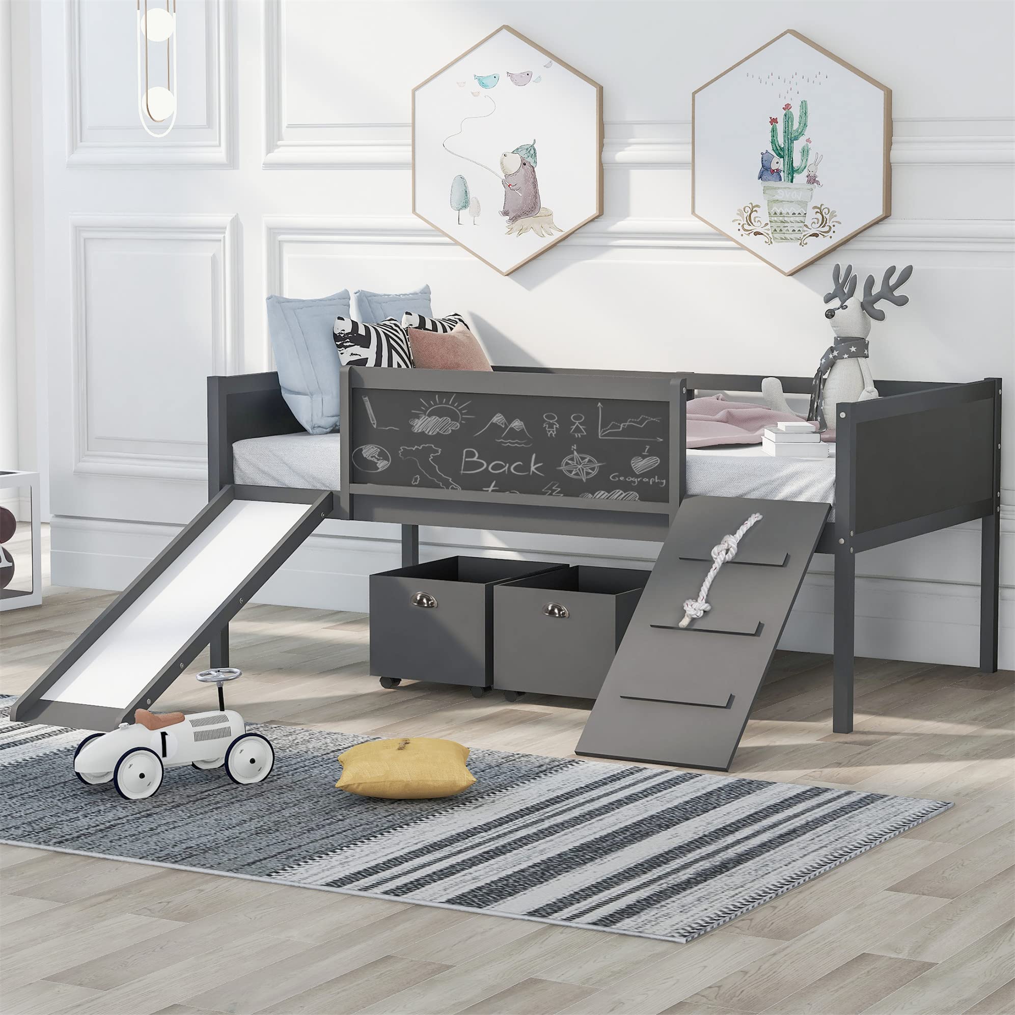 Harper & Bright Designs Kids Loft Bed with Slide, Twin Size Wooden Low Loft Bed Frame with Two Storage Boxes for Boys & Girls, Gray