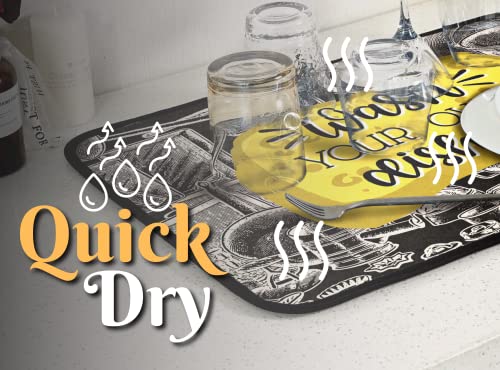 Dish Drying Mat for Kitchen Counter, Best Housewarming & Kitchen Gifts for New House, 16"x22",Absorbent Microfiber, Comes with Faucet Splash Catcher, Unique Design, Gift Box Ready-Wash Dishes