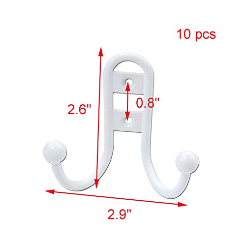 Geesatis 10 pcs Double Prong Robe Hook Utility Coat Hooks White Metal Robe Clothes Hangers with Mounting Screws