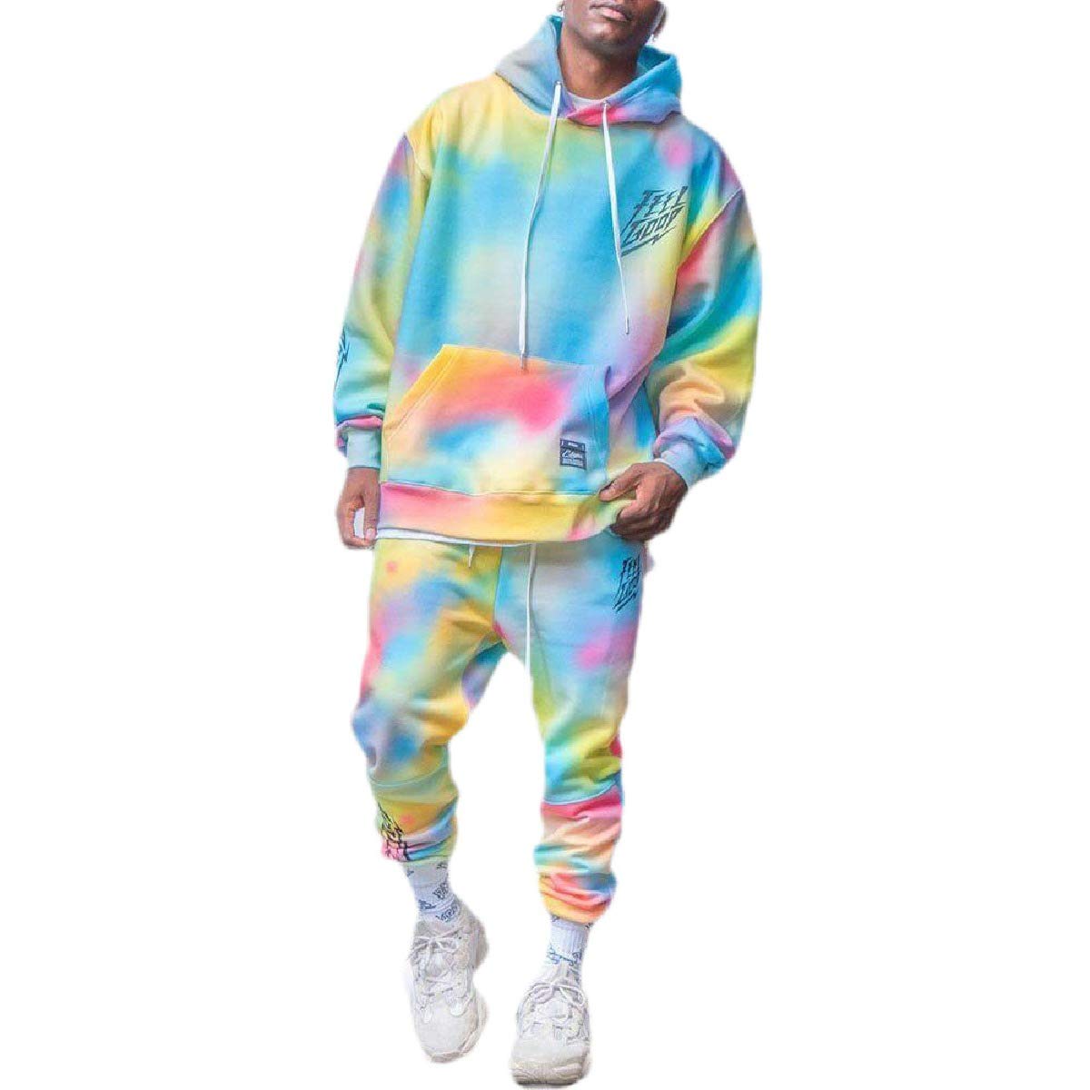 Comaba Men's Tie-Dye Workout Loose Fit Personalized Long Sleeve Hood Sweat Suit Set Light Blue 2XL