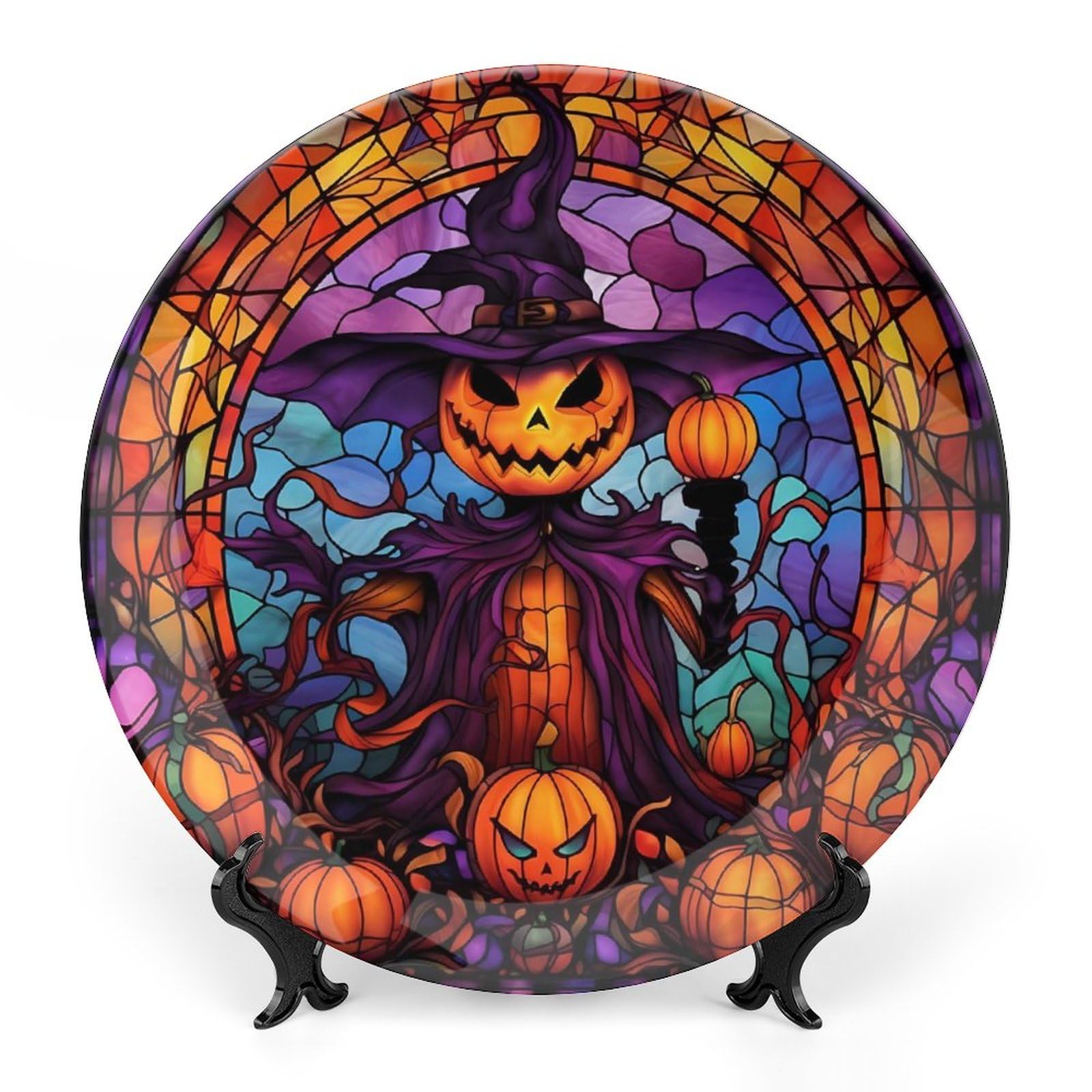 Decorative Plates for Home Decor, Halloween Scarecrow Jack-O-Lantern Stained Glass Design Decor Tray for Table Display, Ceramic Dinner Plate W/ Stand, Living Room Decor, Gifts for Halloween, 7 Inch