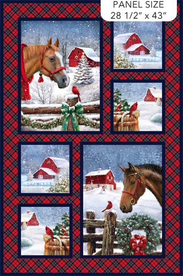 Heartwarming, Country Panel, Horses, Cardinals, Barn, Farmstead Friends, Holiday Fabric, Northcott, Digital Print, DP26895-24