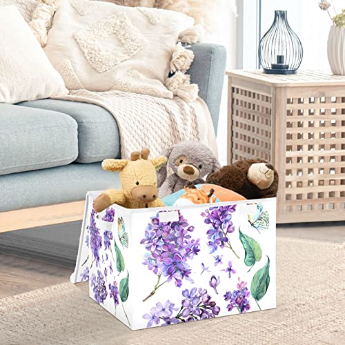 innewgogo Purple Flower Butterfly Storage Bins with Lids for Organizing Baskets Cube with Cover with Handles Oxford Cloth Storage Cube Box for Dog Toys