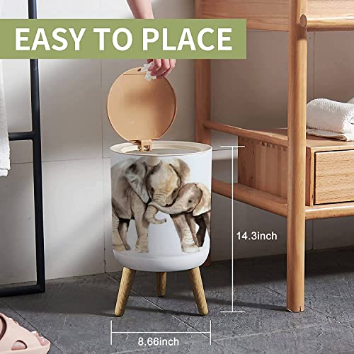 IBPNKFAZ89 Small Trash Can with Lid Watercolor Animals African Elephant with a Kid Sketch Garbage Bin Wood Waste Bin Press Cover Round Wastebasket for Bathroom Bedroom Kitchen 7L/1.8 Gallon