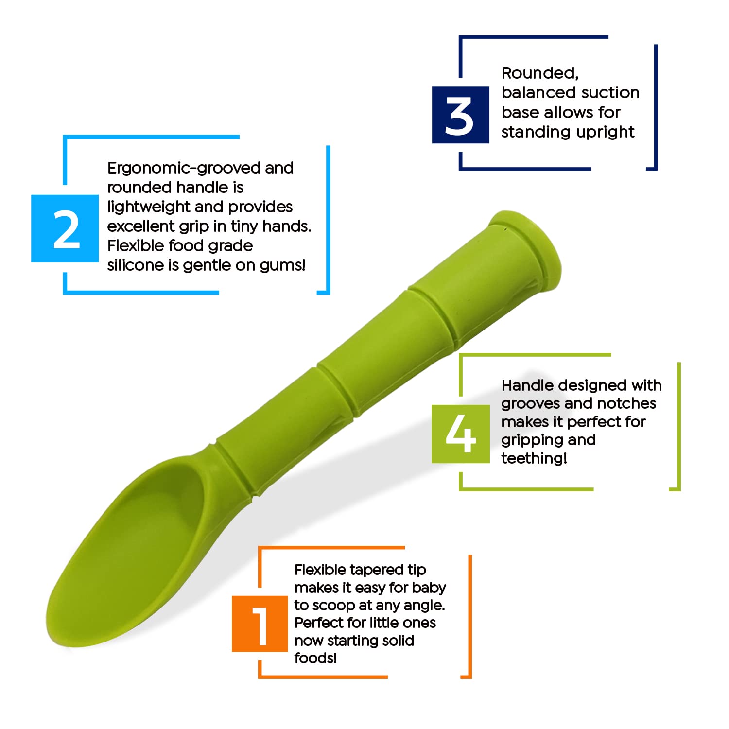Elle Belle Baby : 4-Pack Silicone Baby Spoon, 6M+ First Stage Feeding, Soft Flexible Tip, Ergonomic Design (Spring Blooms)
