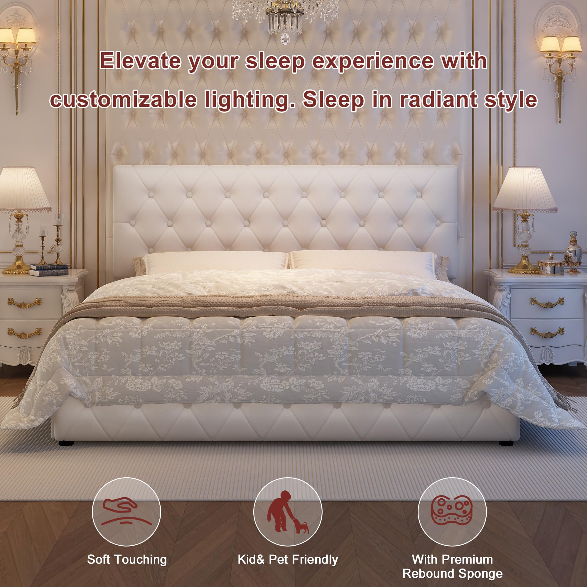 GEGOFORU Queen Bed Frame with 4 Drawers, Adjustable Upholstered Headboard Platform Bed, No Box Spring Needed, Velvet Cream