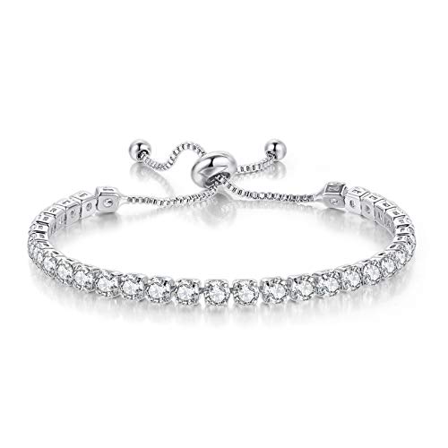 GEMOSA Tennis Bracelets for Women White Gold Plated Diamond AAA+ Cubic Zirconia CZ Dainty Classic Adjustable Slider Bracelet Silver Fashion Jewelry Wedding Gift