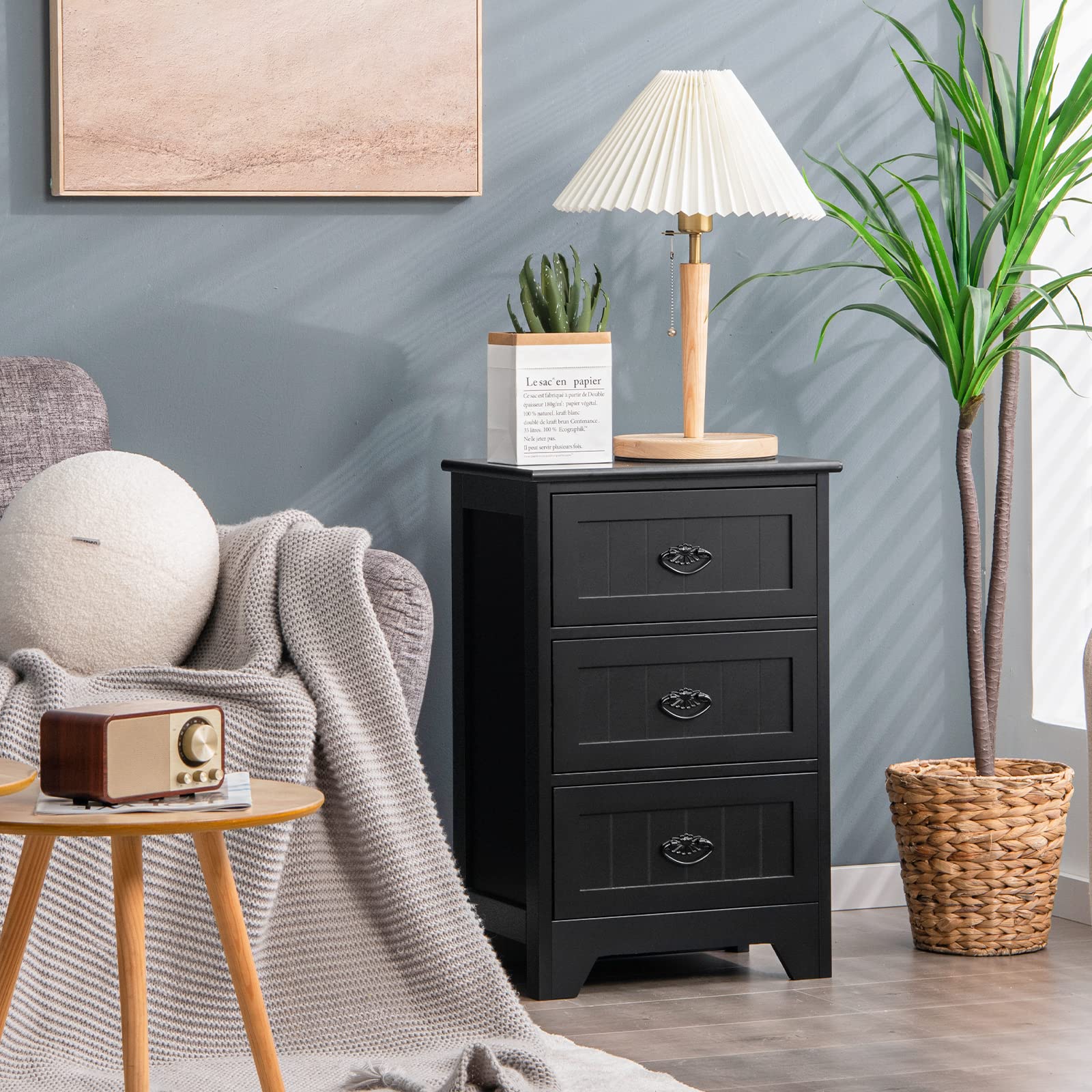 Giantex Nightstand with 3 Drawers, Bedside Table with Exquisite Metal Handles, Accent Table Sofa Side Table with Anti-toppling Device for Bedroom, Study, White