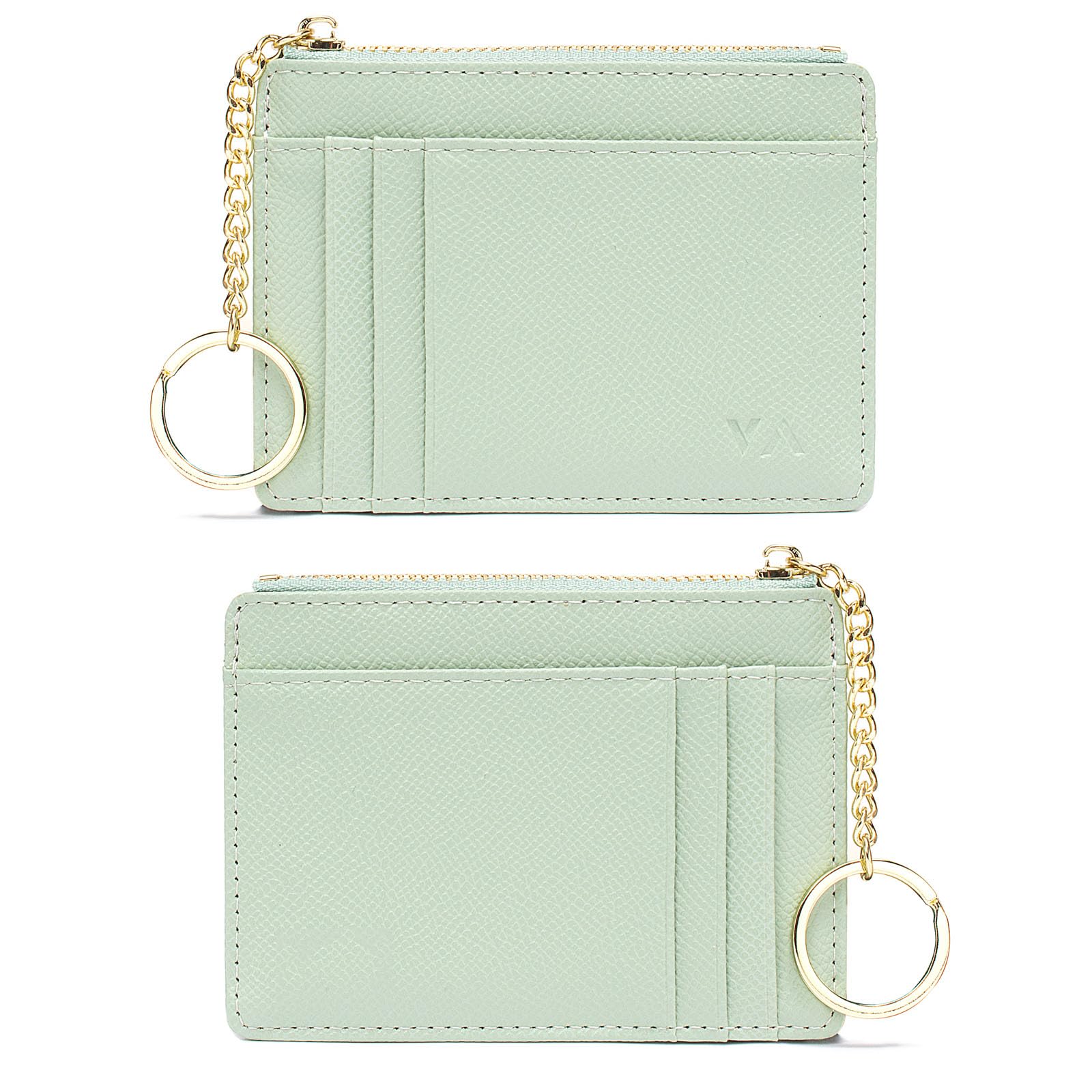 Valentoria Slim RFID Blocking Card Holder Small Pocket Wallet Keychian Zipper Coin Purse Minimalist Leather Cash & Coin & Cards Case for Women Men (Green)