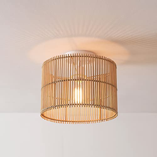 Globe Electric 65901 1-Light Flush Mount Ceiling Light, Matte White, Natural Bamboo Shade, Bulb Not Included