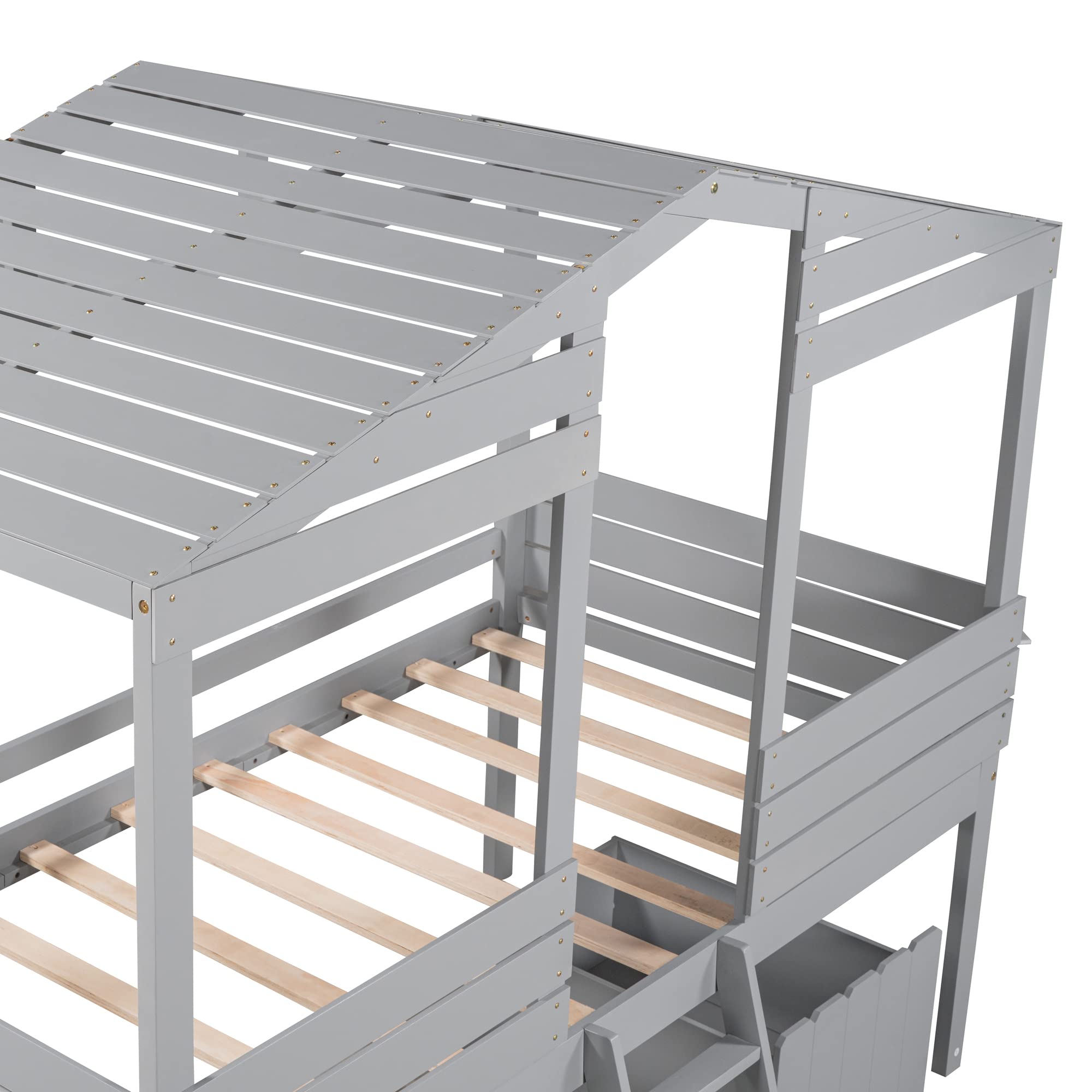 Harper & Bright Designs Low Loft House Bed with Storage, Wood Twin Size Loft Bed Frame with Two Drawers, Ladder, Roof, Windows for Kids Teens, Girls, Boys, No Box Spring Needed (Grey)