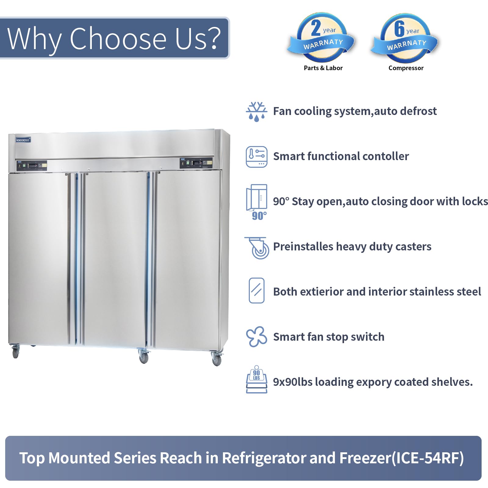 ICECASA 72" W Commercial Refrigerators and Freezer Combo Reach-in 54 Cu.ft 3 Solid Door Stainless Steel Refrigerators and Freezer Combo Fan Cooling for Restuarant, Bar, Shop, etc