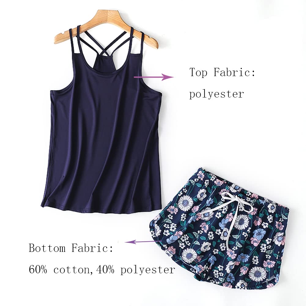 CHUNG Women Camisole Top Shorts Bottom Pajamas Set Loungewear Sleepwear Tank Cross Back,NavyDaisy,M
