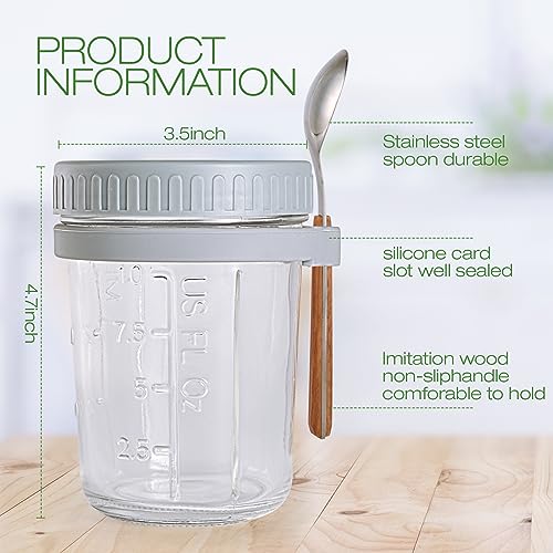 Hoa Kinh Overnight Oat Containers with Lids and Spoon 16oz 2Pack Glass Mason Jars for Overnight Oats, Cereal, Milk, Vegetable and Fruit Salad, Airtight Jars with Two Measurement Marks(Grey and Green)