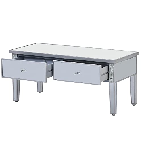 OPTOUGH Modern Glass Mirrored Coffee Table with 2 Drawers, Cocktail Platform with Crystal Handles and Adjustable Height Legs for Living Room, Silver