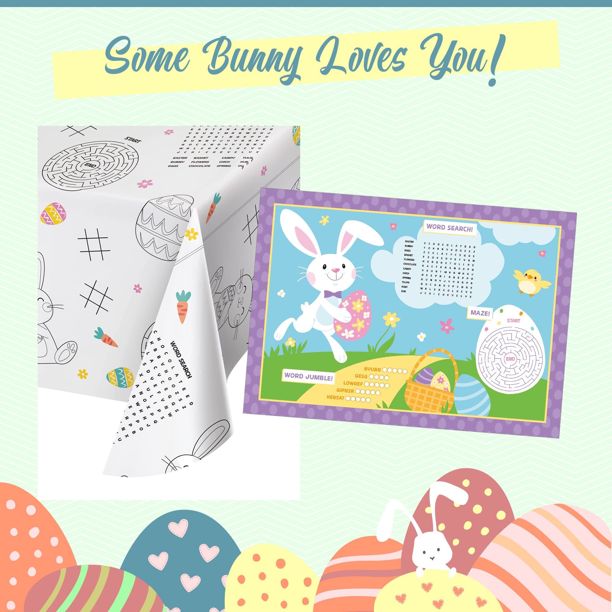 Creative Converting 1 Count Spring Easter Activity Tablecloths 54" x 88" and 8 Coloring Activity Sheets - Games for Kids Party or Luncheon - Word Search, Tic Tac Toe, Eggs, Bunny