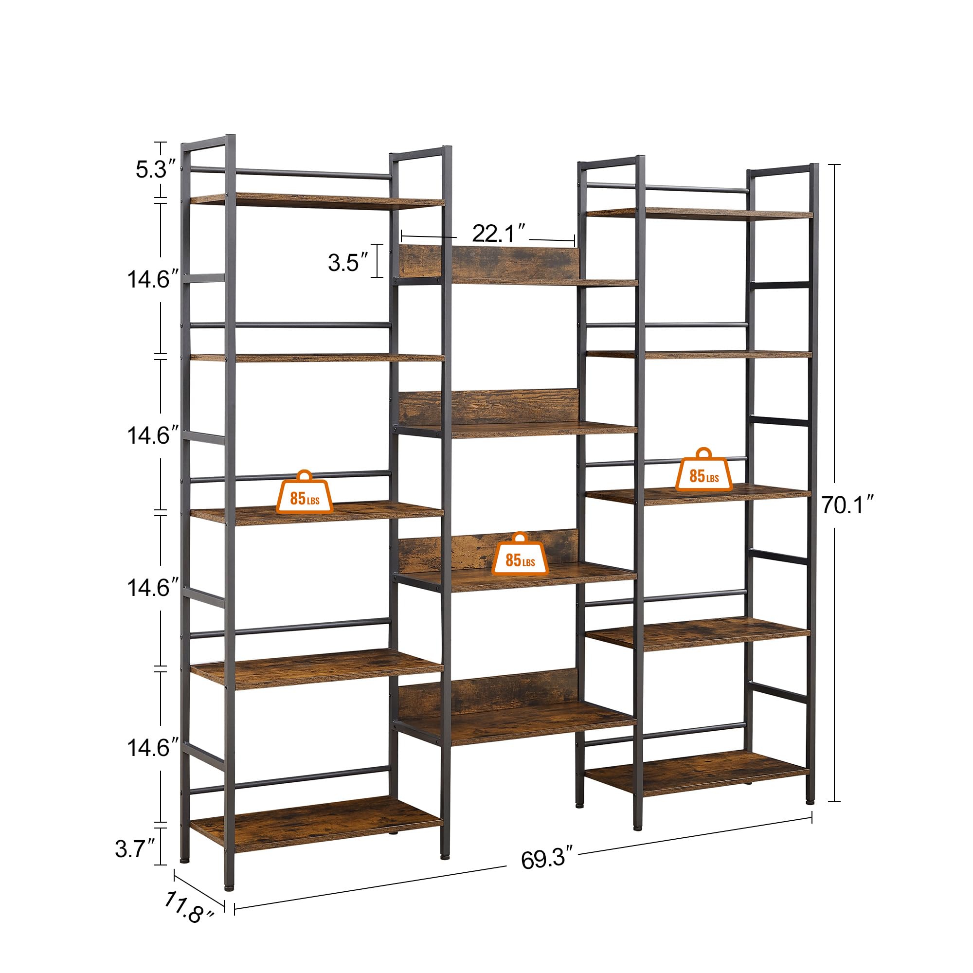 Elevon Bookshelf 5-Tier Open Bookcase, Triple Wide 70in Tall Display Shelf with 14 Open Display, Wood Shelf Metal Frame Floor Standing Unit for Living Room, Bedroom and Home Office - Rustic Brown