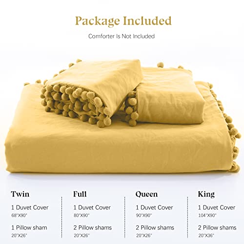 Newspin Duvet Cover King Size Pom Pom Fringe Yellow,3Pcs Soft Breathable Washed Microfiber Boho Bedding Duvet Cover Set with Zipper Closure,1 Duvet Cover(104"X90") and 2 Pillow Shams(No Comforter)