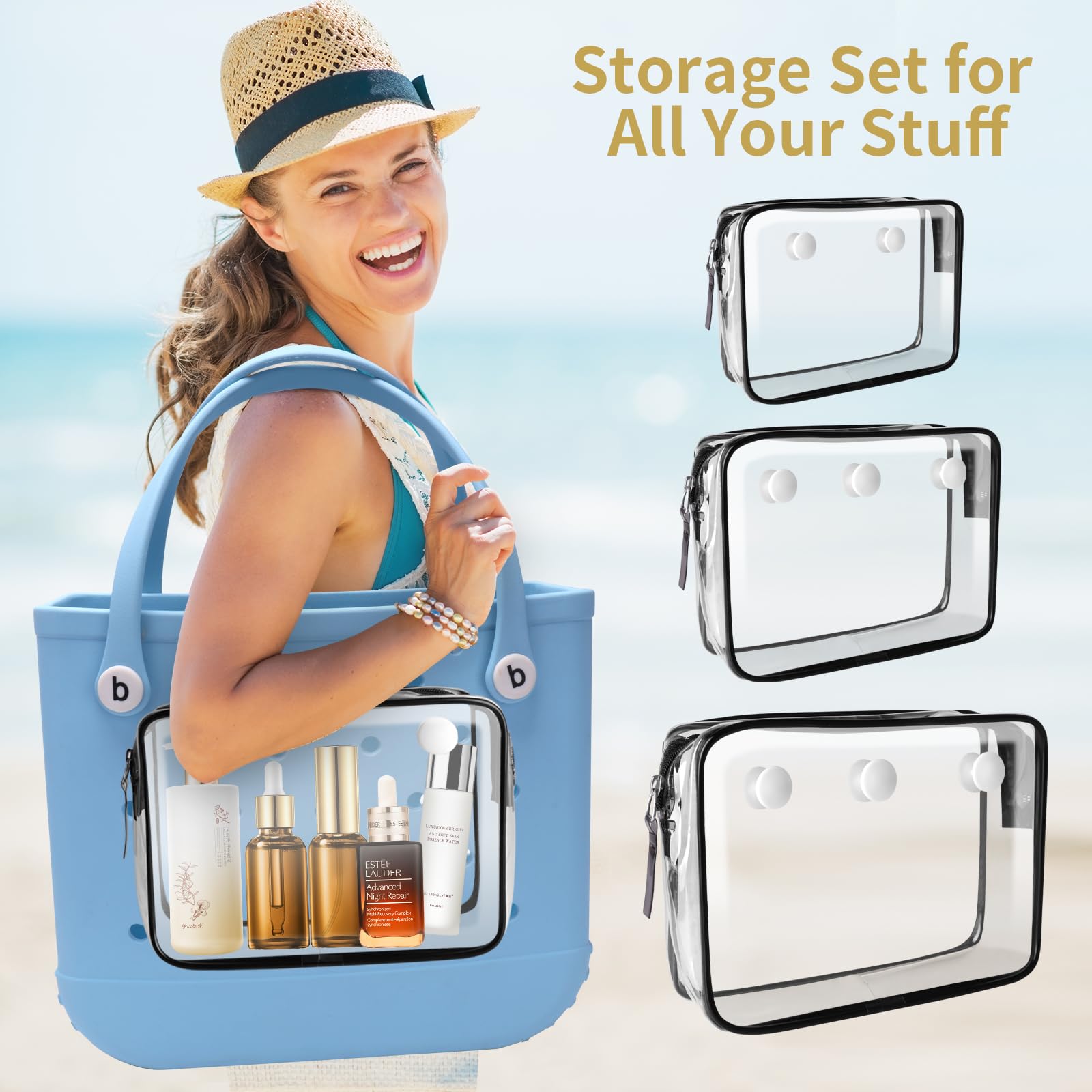 Generic 6Pack Clear Inserts Pouch Compatible for Bogg Bag, Hooks & Key Chain Holder for Beach Bogg Bags, Organize Valuables Accessories for Bogg Bags