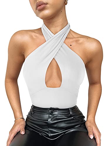 REORIA Women's Sexy Criss Cross Halter Neck Sleeveless Party Club Night Going Out Thong Bodysuits Tops White X-Large