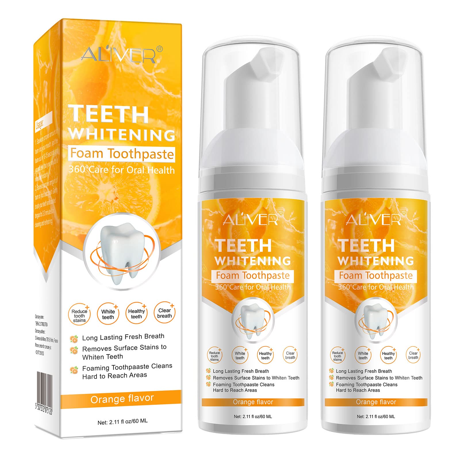 Foaming Toothpaste 2 Pack, Reduce Stains, Whiten Teeth, Prevent Calculus, Freshen Breath, Protects Gums, Oral Care, Press to Foam, Delicate and Smooth Foaming, Fruit Flavor