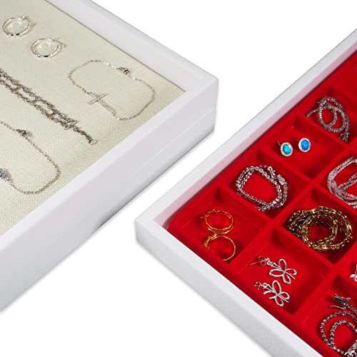 CuteBox Company 3pc White Plastic Tray (14.75β x 8.25β x 1β) with 10 Rectangle Compartment White Flocked Tray Insert for Jewelry Storage, Organization, Merchandise, Display