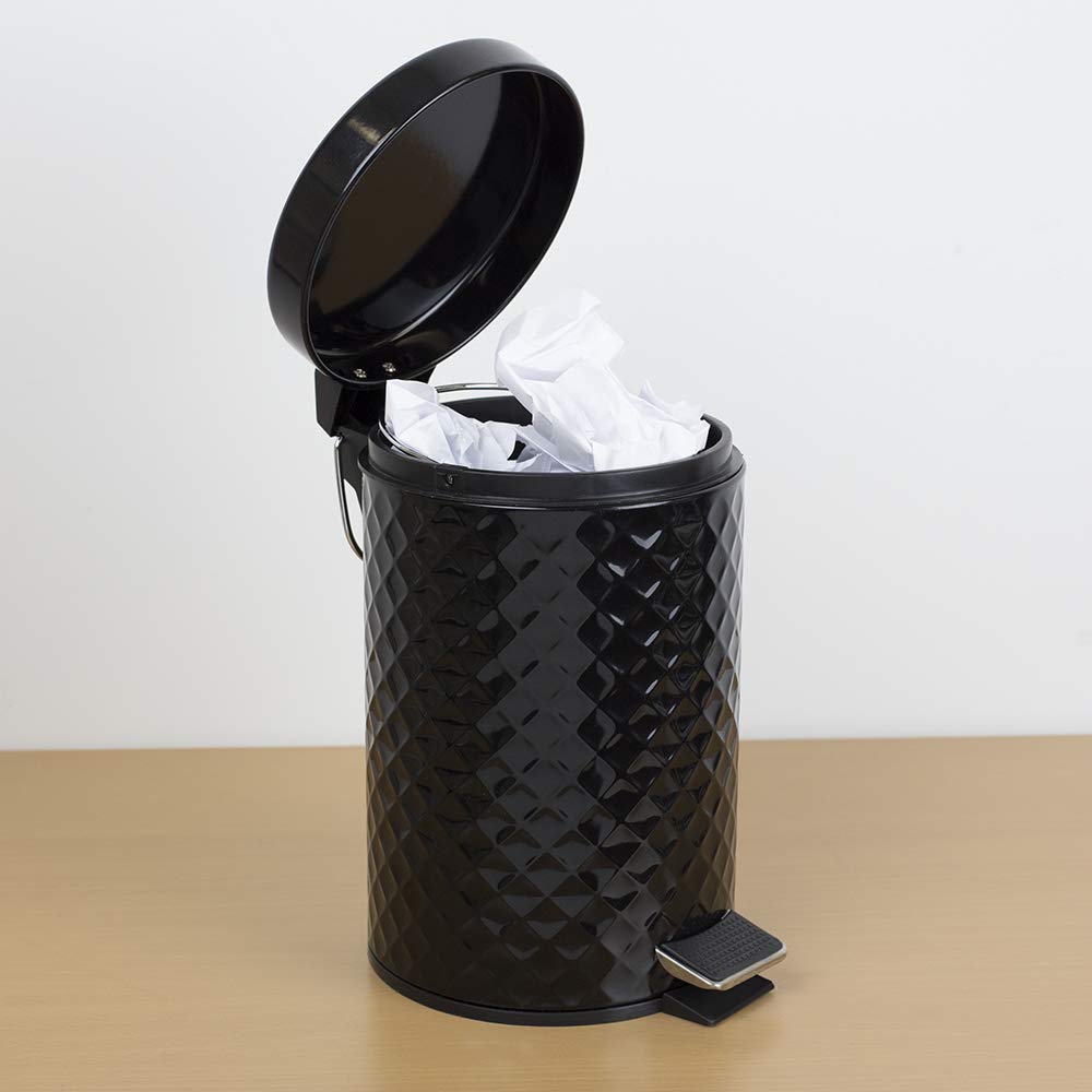 Home Basics 3 Liter Pedal Activated Textured Small Steel Waste Bin, Black Soft Lid Closure, Removable Plastic Liner, and Portable Carrying Handle, (2PACK)
