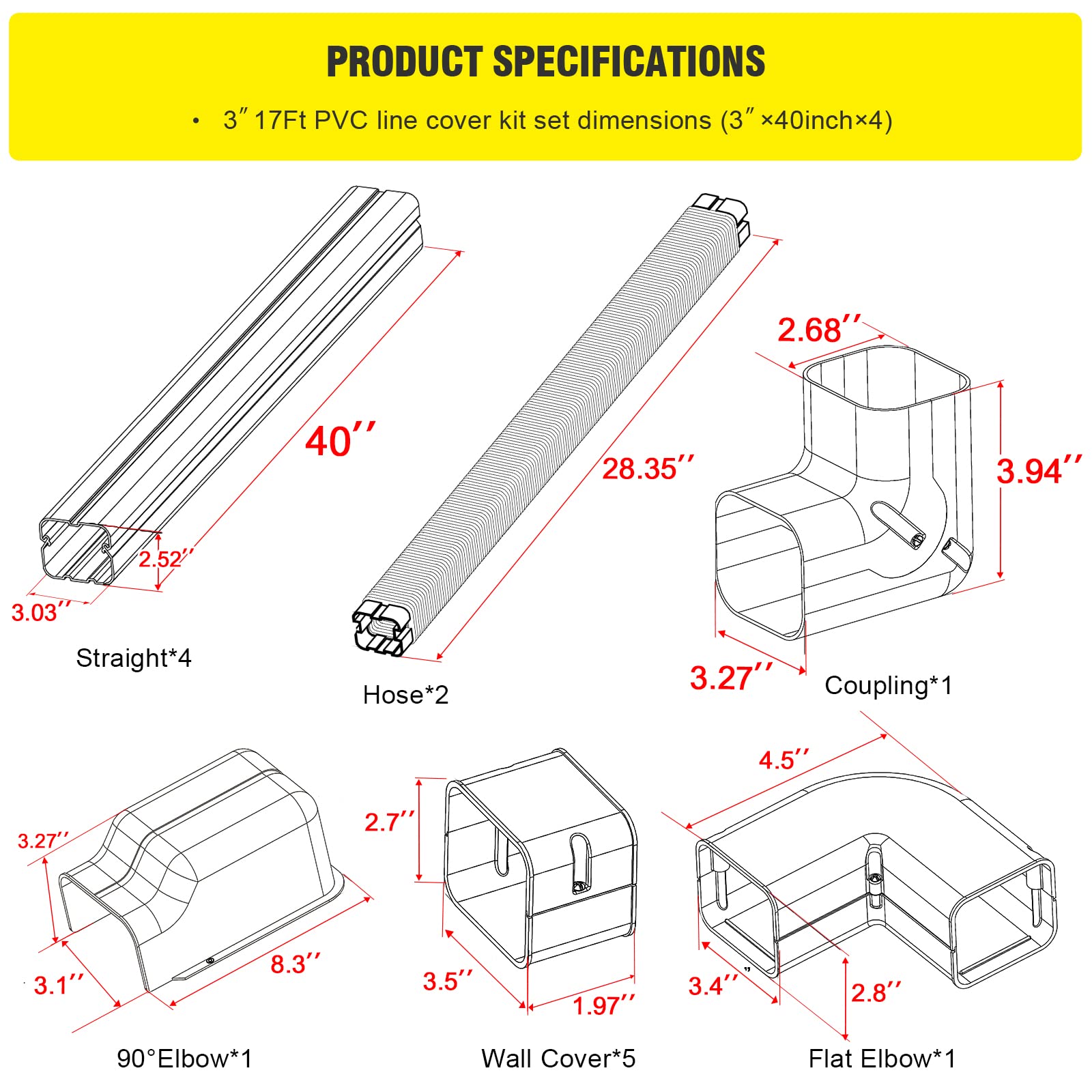 DWALE 3" 17Ft PVC Decorative Line Set Cover Kit, Mini Split line Set Cover,for Ductless Mini Split Air Conditioner and Central AC and Heat Pumps