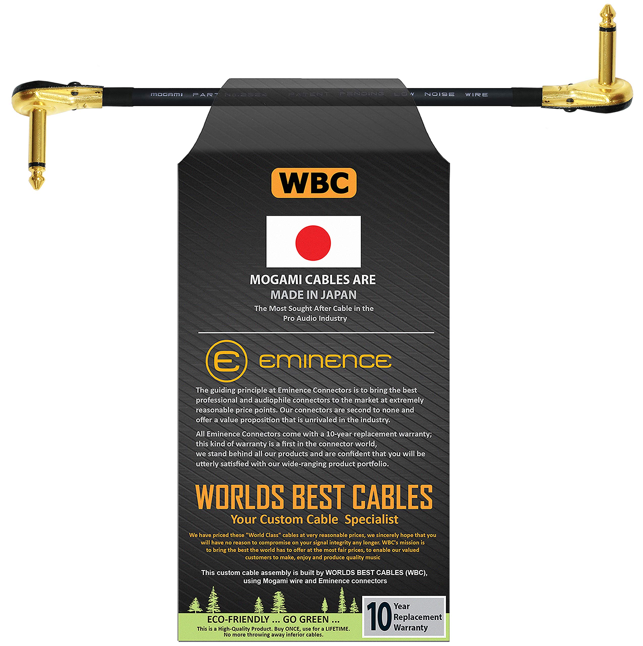 WORLDS BEST CABLES 2 Foot - S-Shaped Pedal, Effects, Patch, Instrument Cable Custom Made Made Using Mogami 2524 Wire and Eminence Gold Plated (6.35mm) R/A Pancake Type Connectors