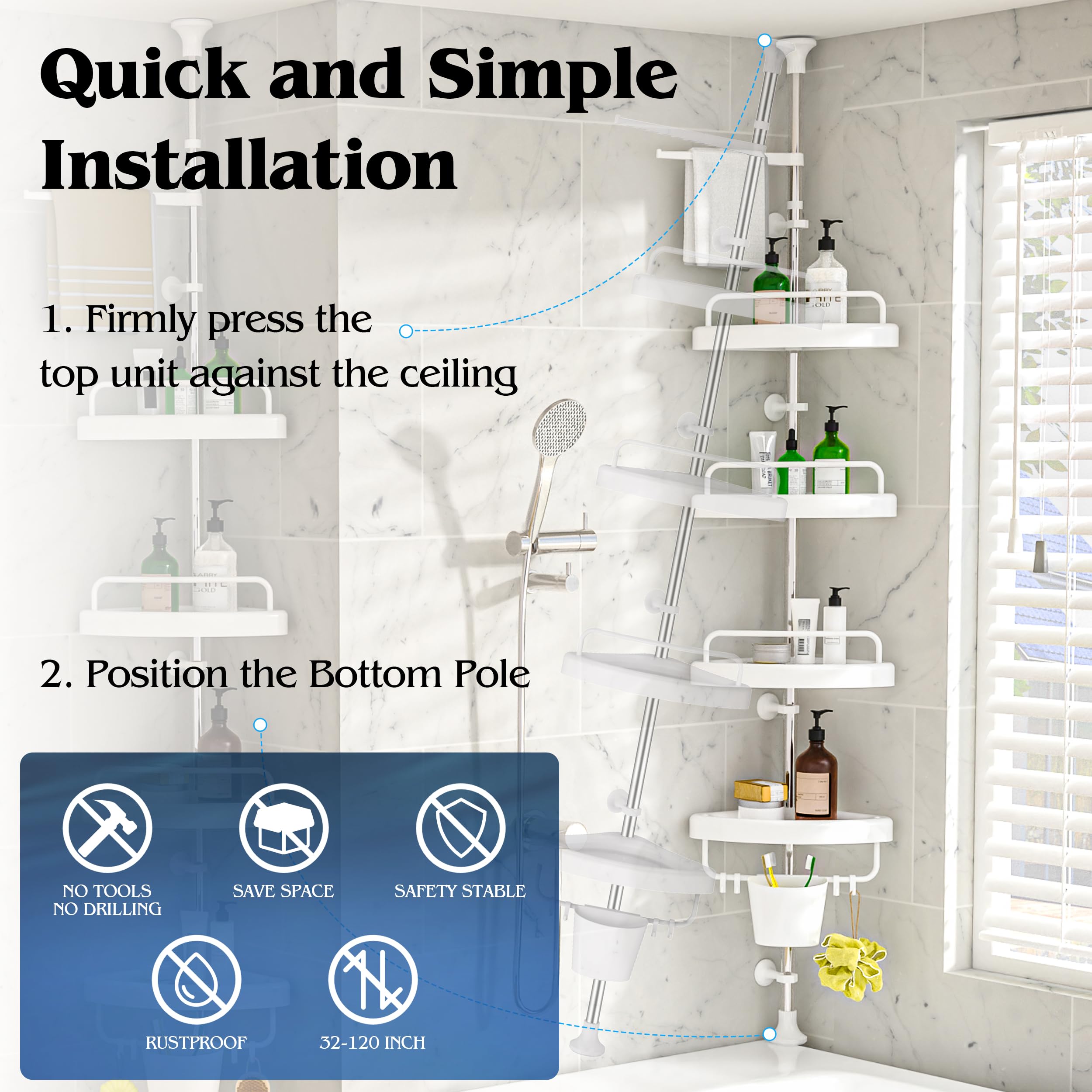 EliteCart Rust Proof Shower Caddy Corner Tension Pole β Adjustable Height (32-120 inch), 4 Tier Shelf Bathtub Organizers and Storage β Includes Towel Rack, Tooth Brush Holder and Suction Cups (White)