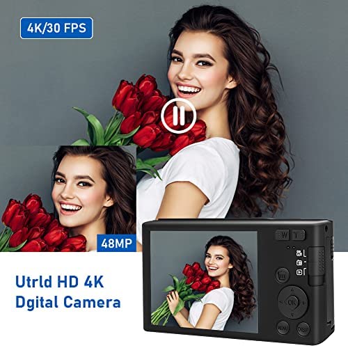 Compact Point and Shoot Camera for Video Kids with 16X Digital Zoom, 4K 48MP, Portable for Beginners,Students,Teens with 32GB SD Card and 2 Batteries