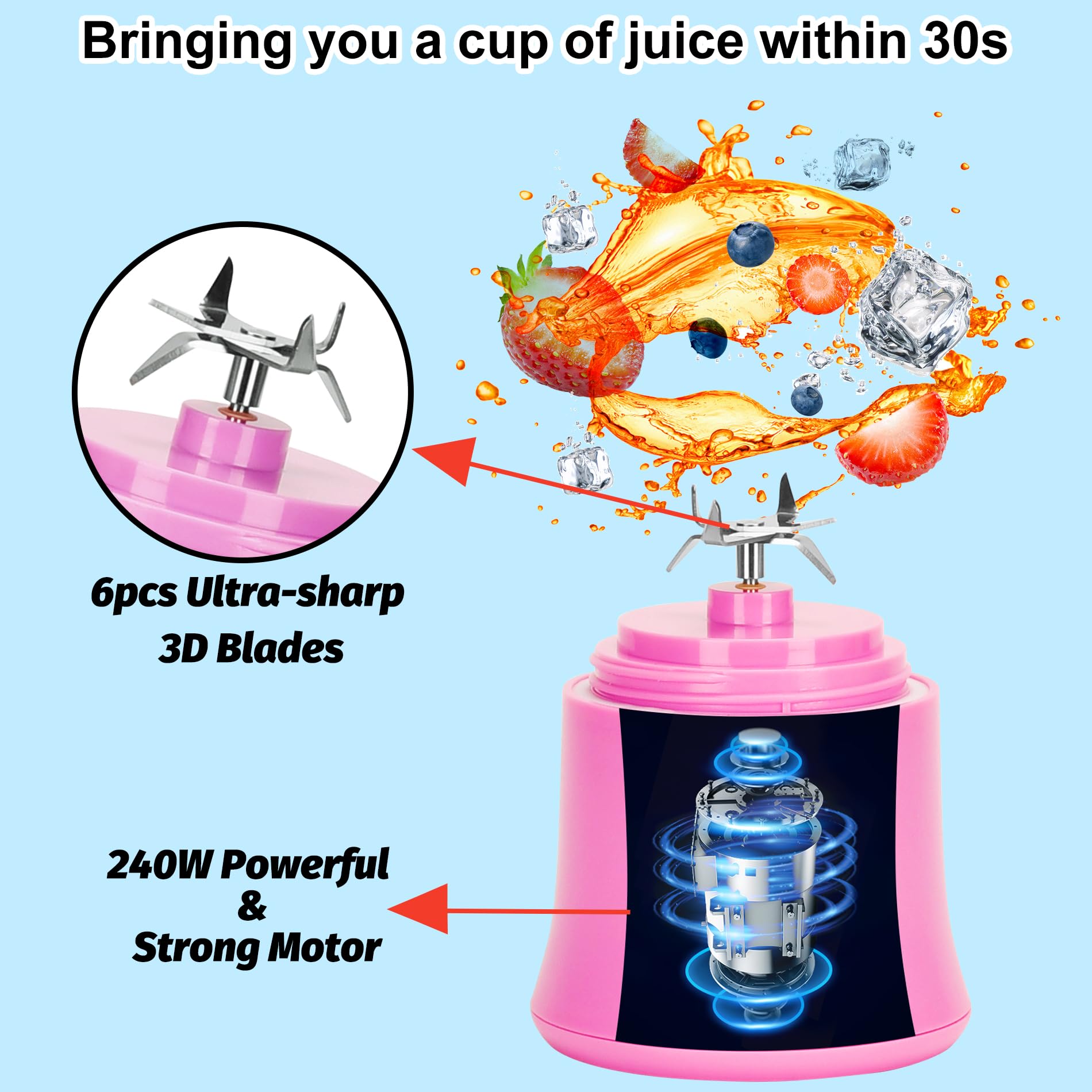 Portable Blender for Shakes and Smoothies 20 Oz, Waterproof Personal Blender USB Rechargeable with 6 Blades and Travel Lid for Kitchen, Office, Gym & Travel (Light Purple)
