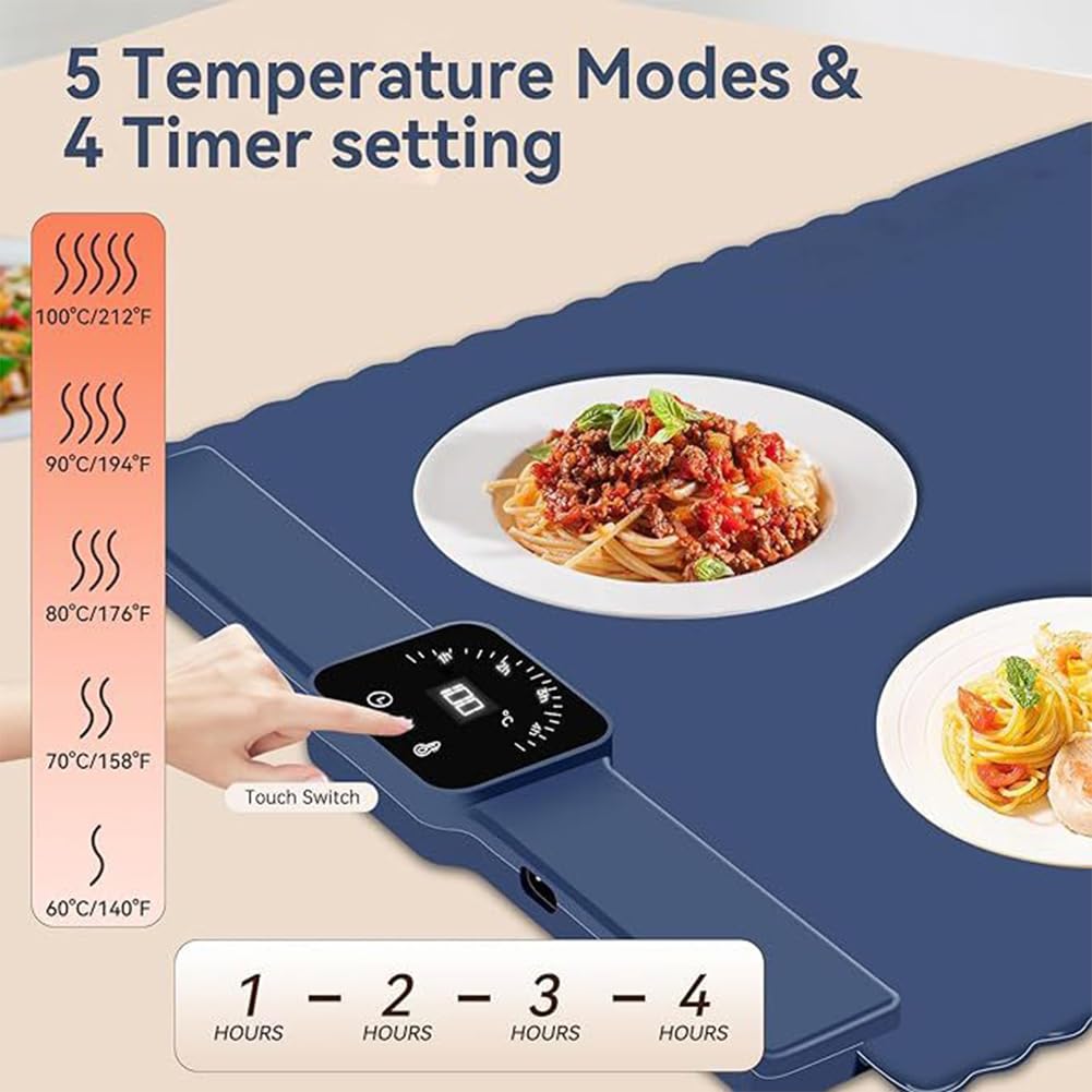 Food Warming Mat, 5 Level Adjustable Temperature, Silicone Heating Mat for Food, Auto-Off Timer, Flat 26 x 15 inch (Blue)