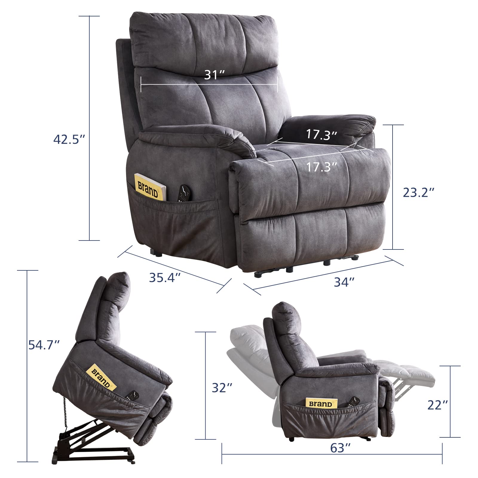 Comfort Stretch Electric Single Sofa for Elderly Up to 300Lbs Living Room Side Pocket Power Lift Recliner Chair with 8 Points Massage and Heating Functions, Large, Grey