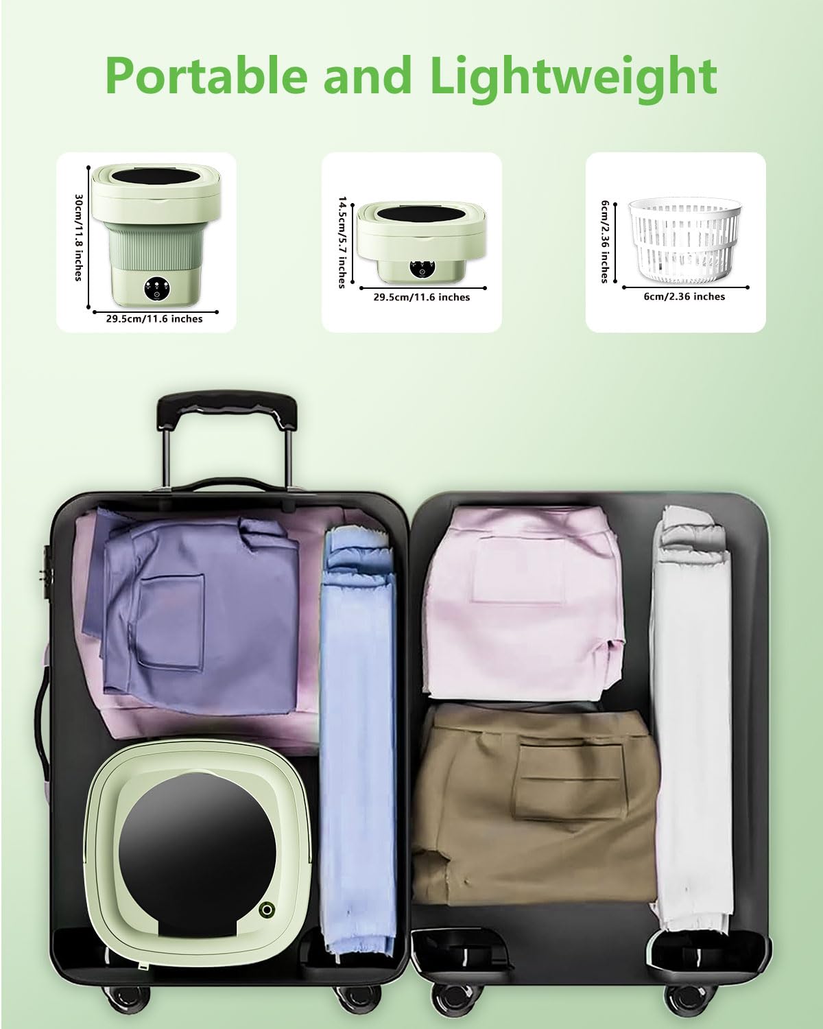 Portable Washing Machine, Mini 9L Foldable Washer and Dryer with 3 Modes Deep Cleaning for Underwear,Baby Clothes,Socks,Small Items.Mini Laundry Washer for Apartments,Dormitories,Camping,Travel(Green)