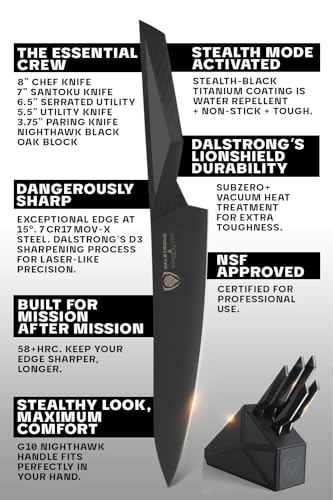 DALSTRONG Knife Block Set - 5pc - Shadow Black Series - Black Titanium Nitride Coated - High Carbon - 7CR17MOV-X Vacuum Treated Steel - Sheath - Kitchen Knife Set with Block - NSF Certified