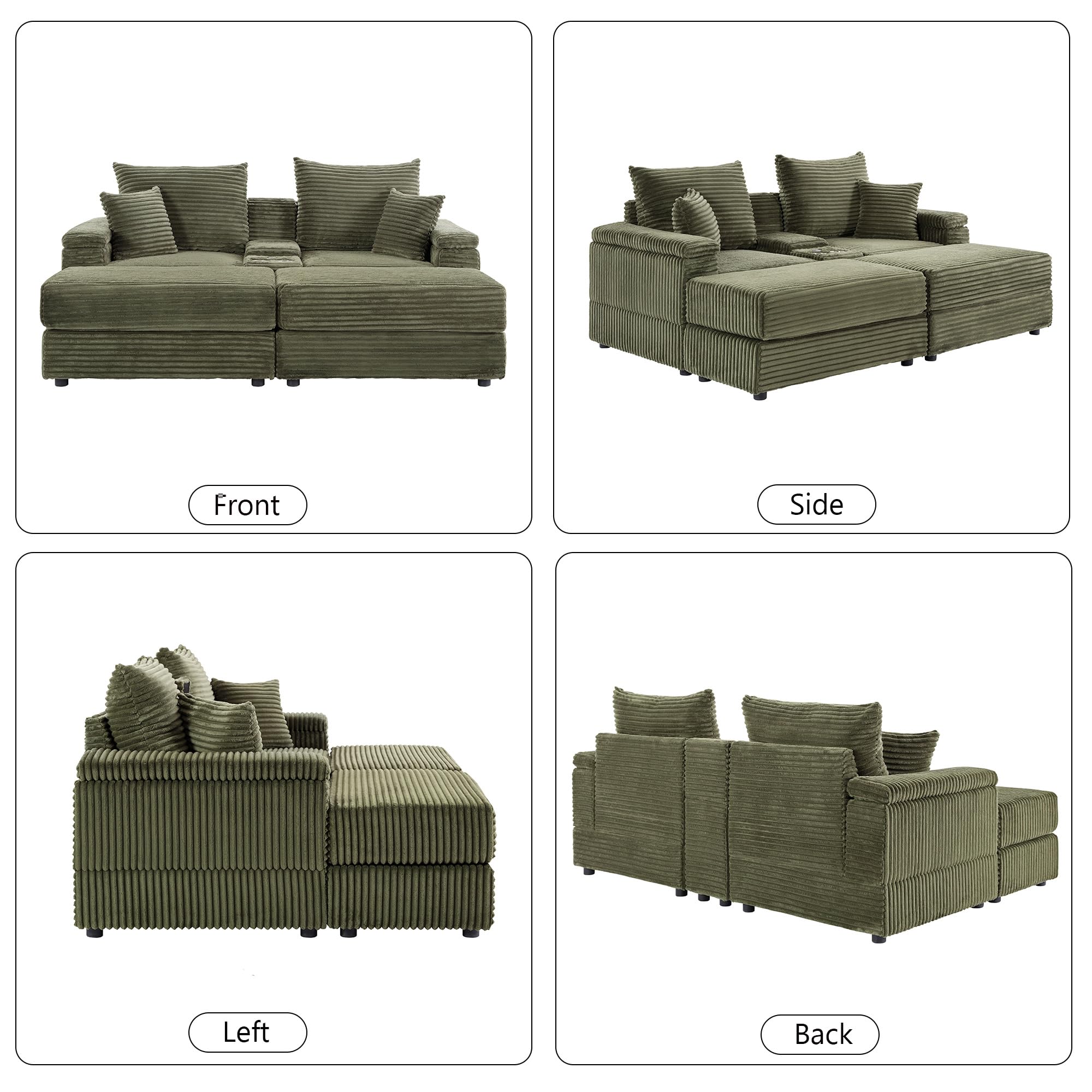 GNIXUU 82.7" Oversized Loveseat Sectional Sofa Sleeper with Storage Console & Cup Holders & USB Ports, Comfy Chaise Lounge Couch Bed with Ottomans for Living Room, Green Corduroy