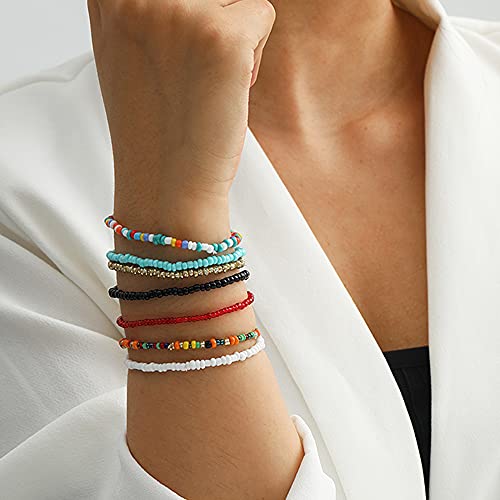 Xerling 7Pcs Bohemian Colorful Beaded Bracelets for Women Girls Aesthetic Beads Elastic Stretch Beaded Bracelet Set Multiple Layered Wrap Bangle Bracelet