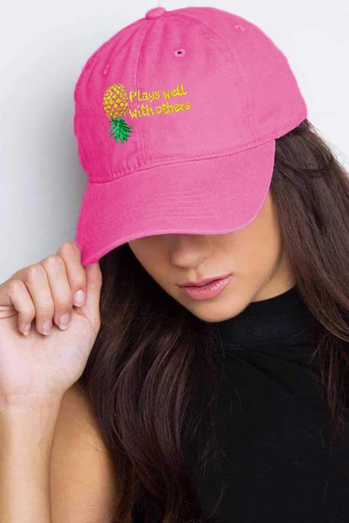Embroidered Plays Well with Others Baseball Hat Upside Down Pineapple Denim Hat Adjustable Embroidery Baseball Cap Pink