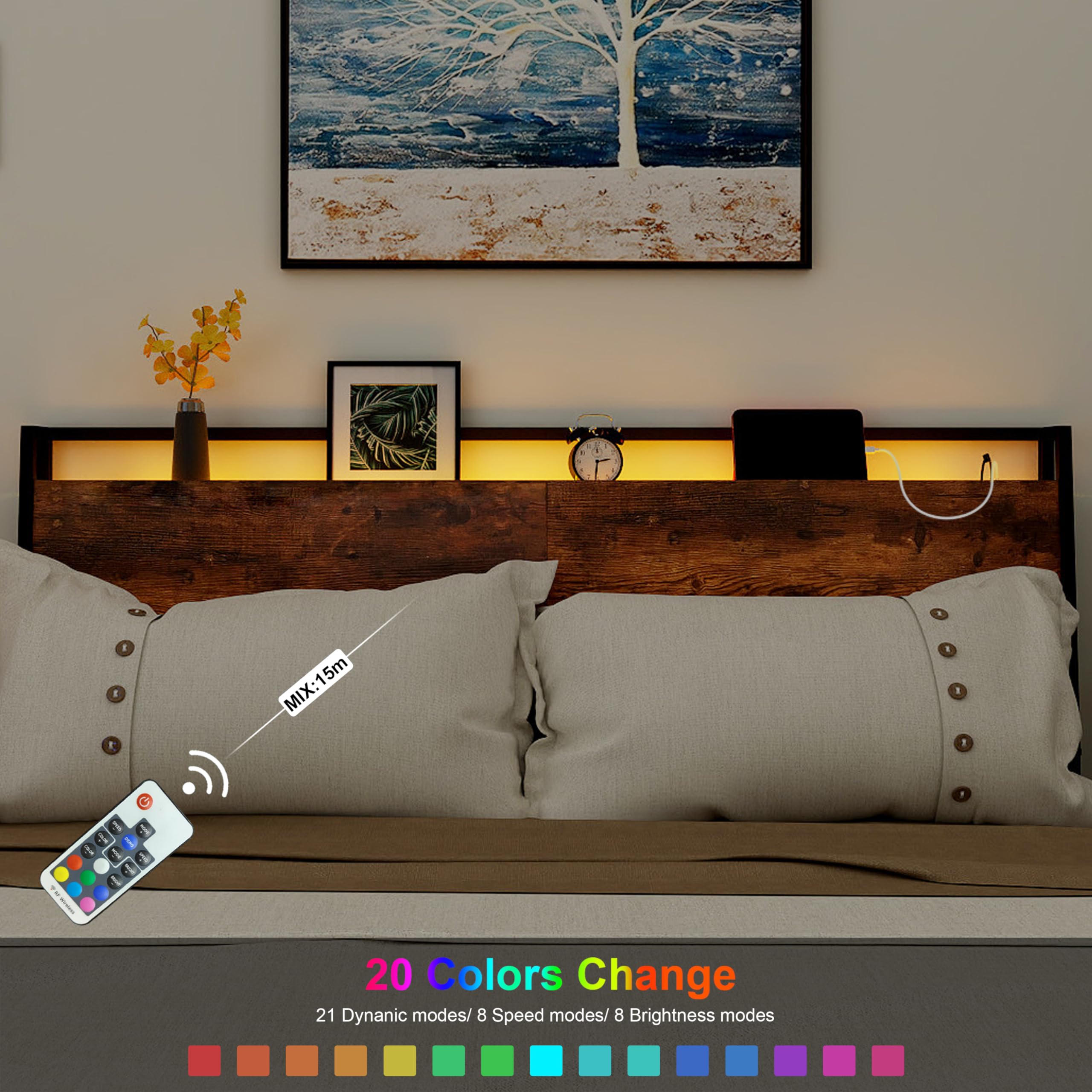 GiftGo King Size Headboard Ergonomic Headboard with 4 Outlets and 4 USB Ports LED Light Adjustable Height Storage Rack Sturdy and Stable Metal Frame & Wood Shelf Easy Assembly (Brown, King)