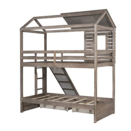 HYC Twin Over Twin Bunk Bed for Kids Toddlers, Wooden Bunk Bed with Slide and 2 Storage Drawers, House-Shaped Bunk Bed for Girls Boys,Gray