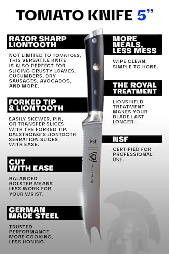 Dalstrong Tomato Slicing Knife - Gladiator Series Elite - 5" - Serrated Utility - German High Carbon Steel - Black Handle - Sheath Included - NSF Certified