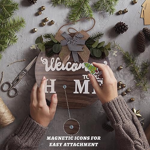 Interchangeable Seasonal Welcome Sign Front Door Decor– 30cm diameter Wooden welcome to our home wreath for home decor and Magnetic Interchangeable Icons, Suitable for all Occasions