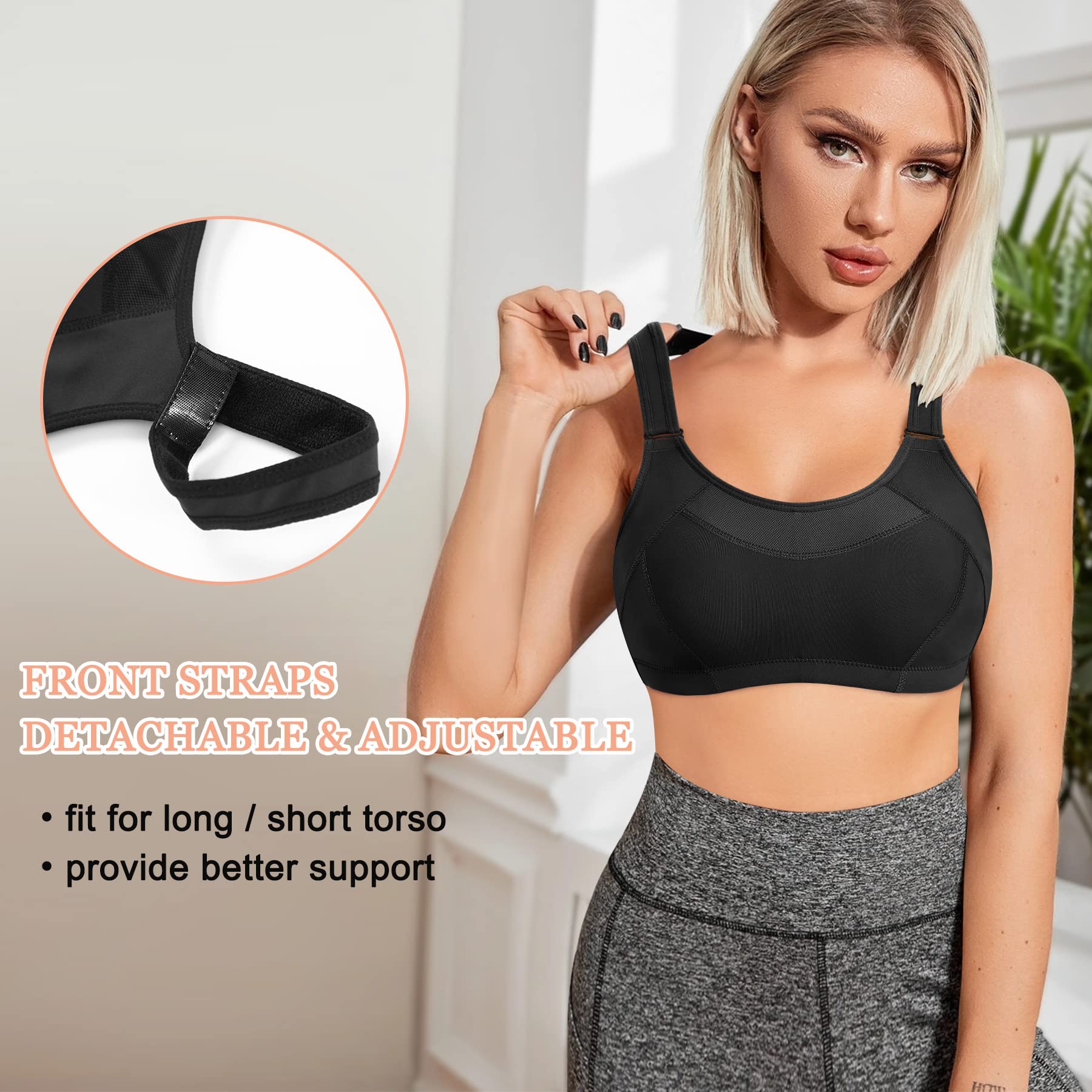 CYDREAM High Impact Support Sports Bra Wireless Padded Full Coverage Racerback Front Adjustable Straps Workout Tops (X-Large, Black)
