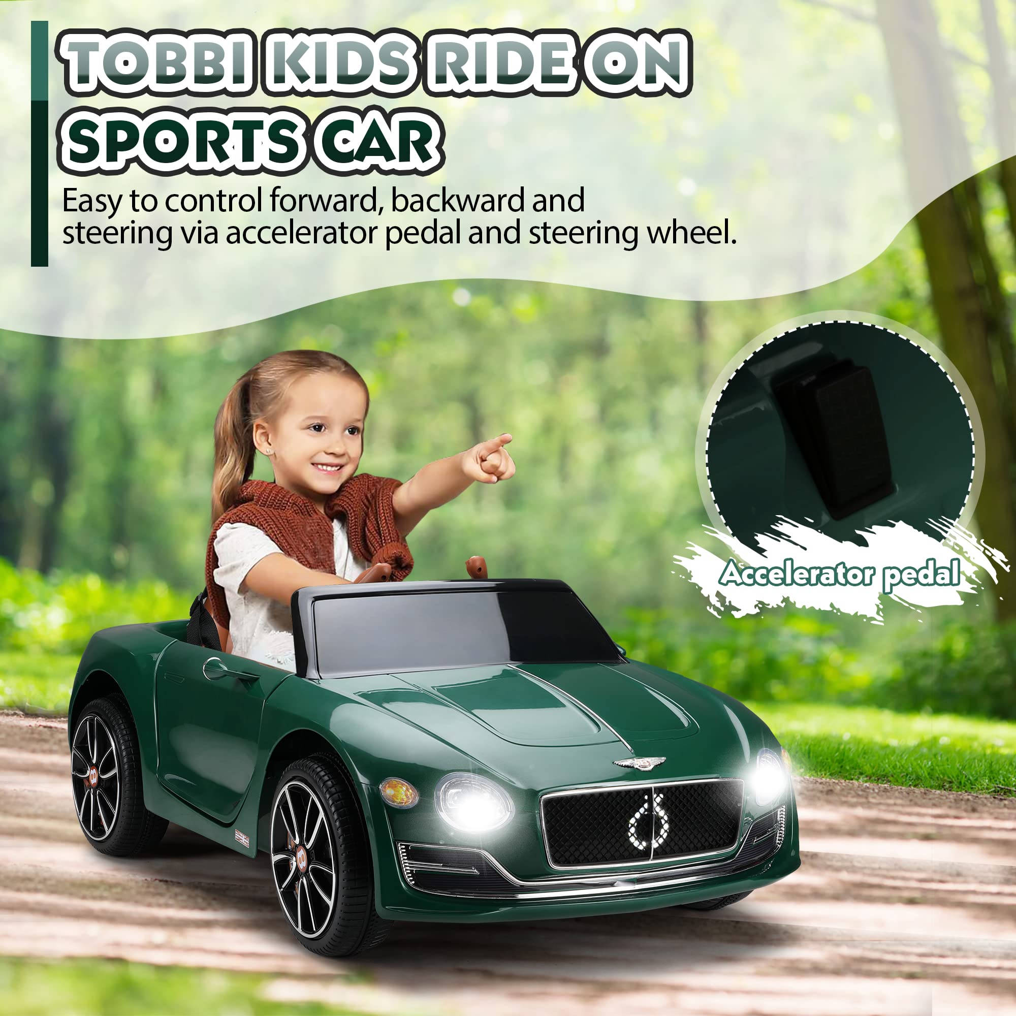 Tobbi 12V Licensed Bentley Electric Kids Ride On Racer Cars Toy Battery Powered Vehicle with Remote Control 3 Speeds MP3 USB in Blackish Green