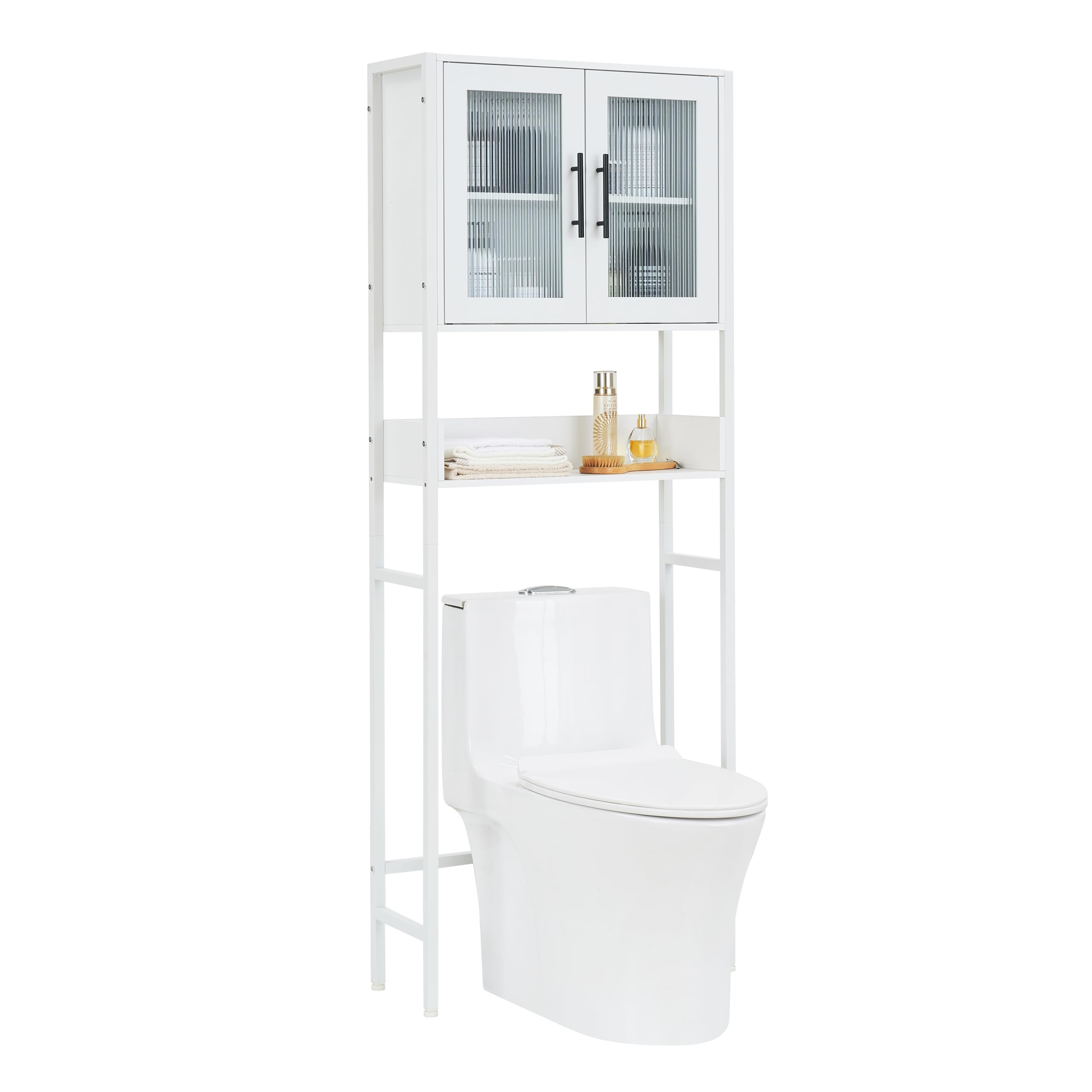 IDEALHOUSE Over The Toilet Storage Cabinet with Glass Doors, Bathroom Above Toilet Storage Cabinet with Adjustable Shelves, Large Capacity Bathroom Organizer, White