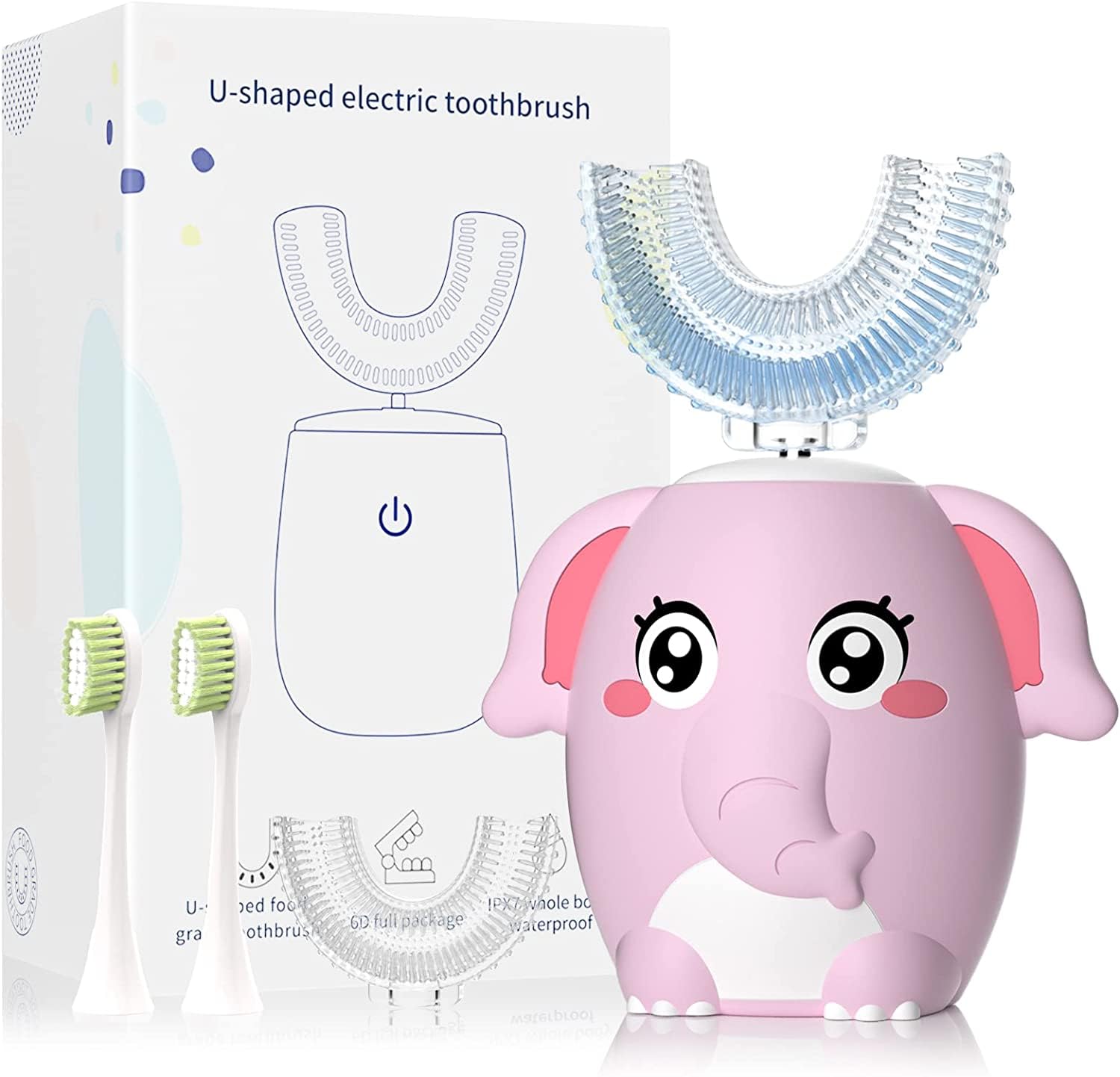 ELOTAME Kid Electric U Shaped Toothbrush with 4 Soft Brush Heads Rechargeable Children Toothbrush with 6 Cleaning Modes IPX7 Waterproof - (Age 2-7 Pink)