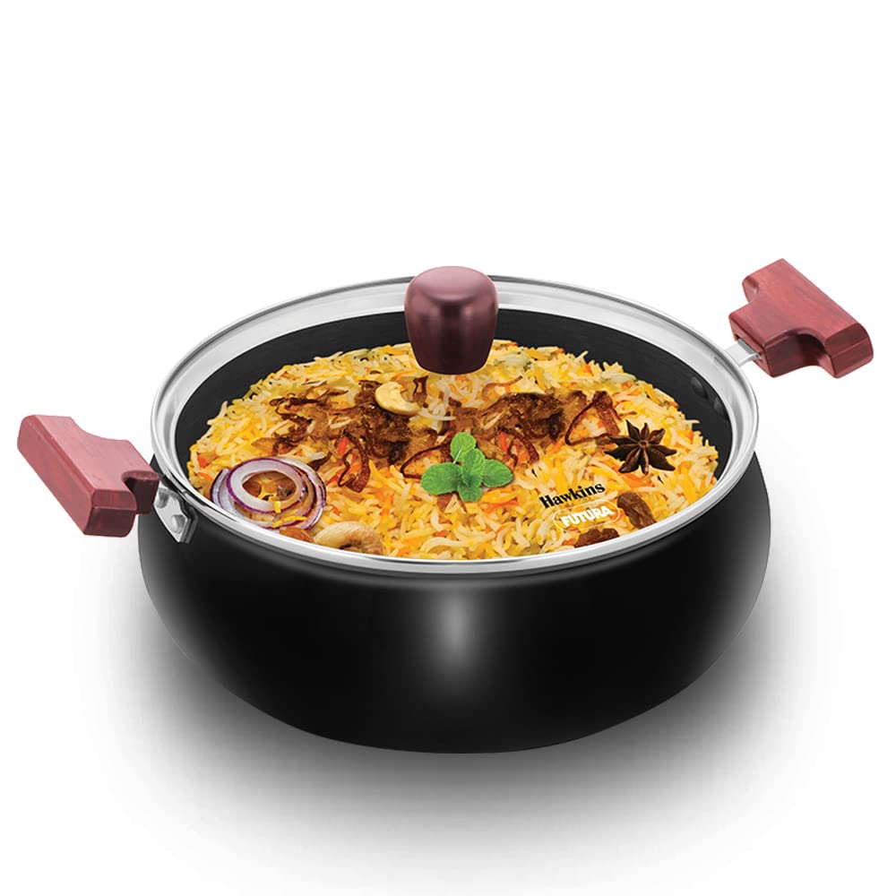 ‎Hawkins Futura 5 Litre Cook n Serve Handi, Hard Anodised Biryani Handi with Glass Lid, Saucepan, Sauce Pan, Black (ACH50G)