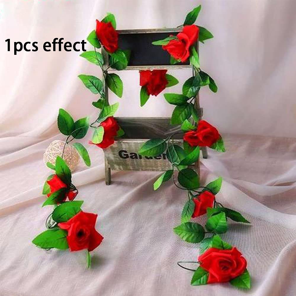 Vopie 4 Pack Fake Rose Vine Flowers Plants 32.2 FT Artificial Flower Hanging Rose Ivy Home Hotel Office Wedding Party Garden Craft Art Decor (Red)